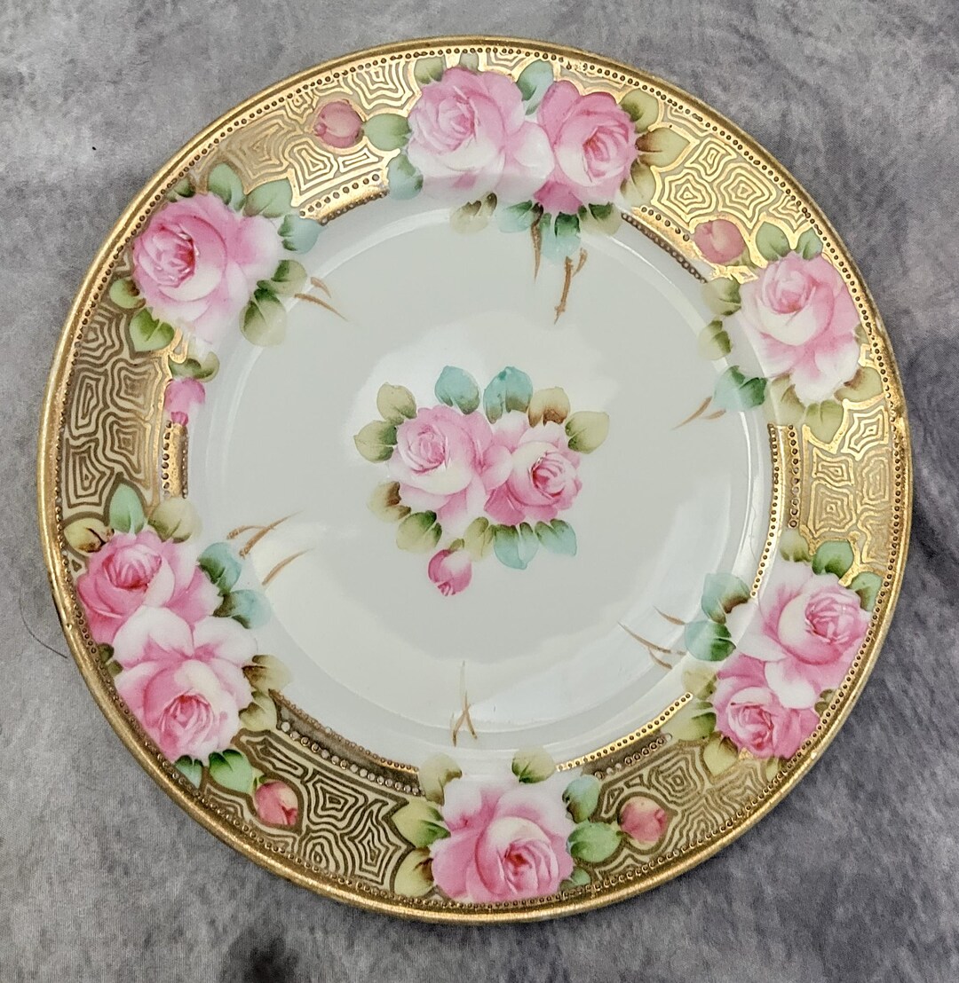 Antique Nippon Hand Painted Pink Rose Plate – Moriage Beaded Gold Gilt ...