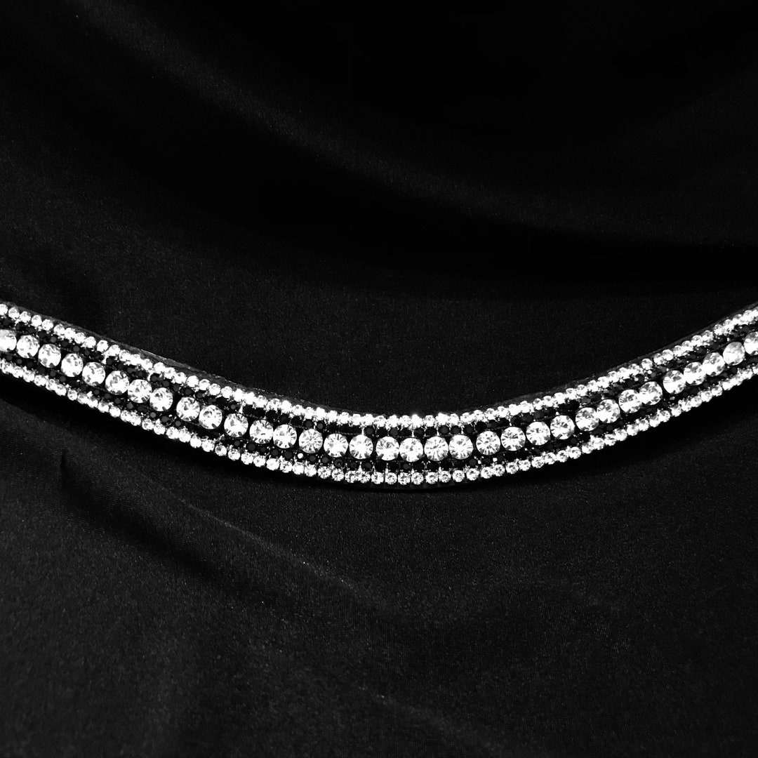 Crystal Silver Clear Black Leather Curve Browband: Blingy U-shape Horse ...