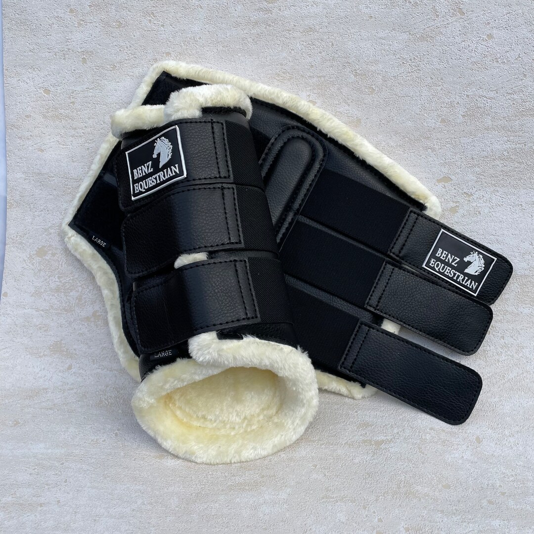 Black Faux Leather Fleece Fluff Brushing Boots & Overreach Boots Set ...