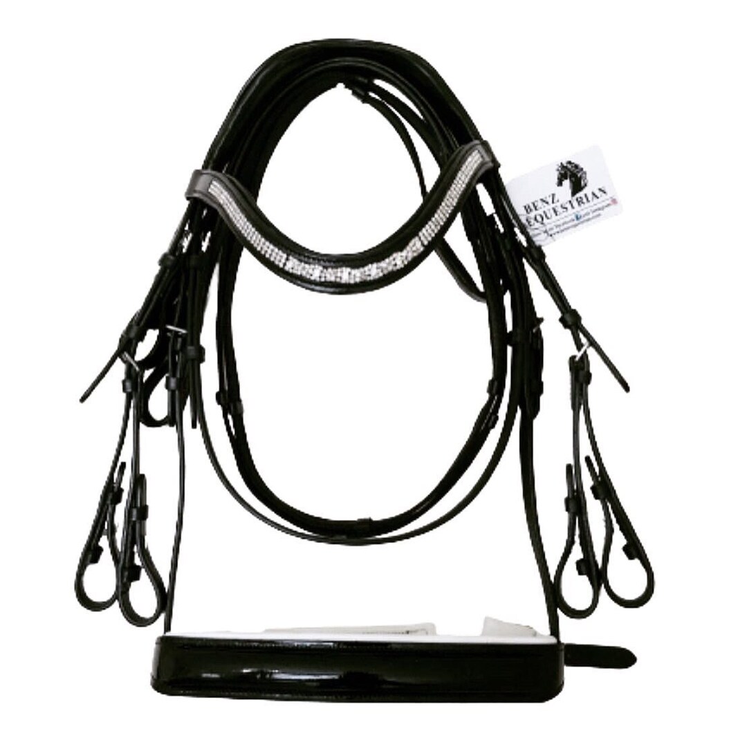 Black Patent Double Bridle Anatomical Headpiece Padded Comfort Crystal ...