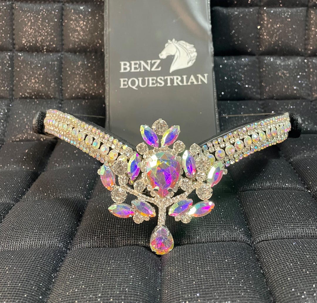 Mega Bling Tear Drop Unicorn AB Crystals V Shape Browband Quick Snap ...
