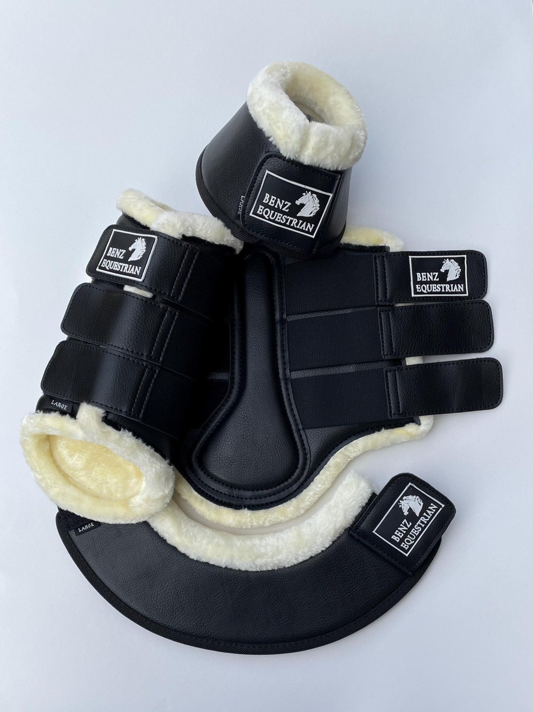 Black Faux Leather Fleece Fluff Brushing Boots & Overreach Boots Set ...