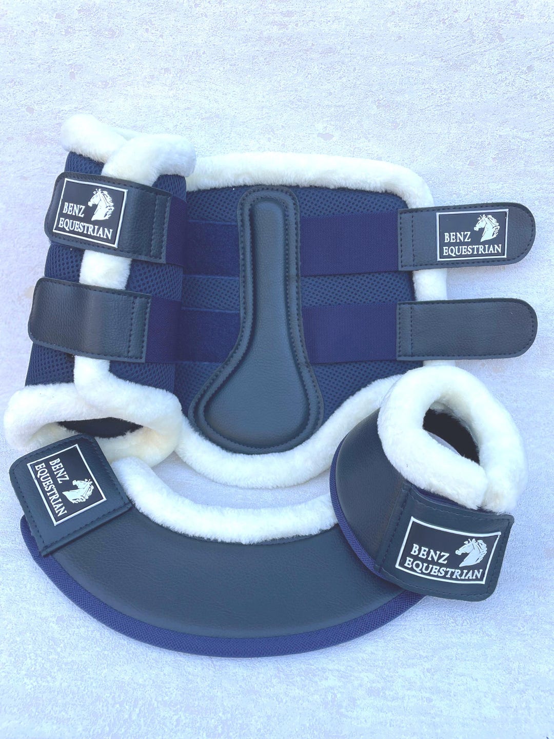 Navy Blue Mesh Brushing and Faux Leather Overreach Boots Set Fleece ...