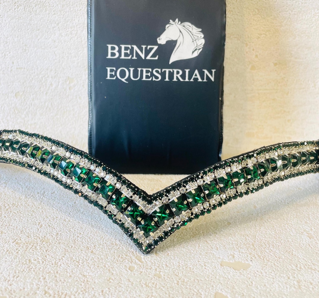 Emerald Green Silver Clear Crystal V-shape Horse Browband, Black ...