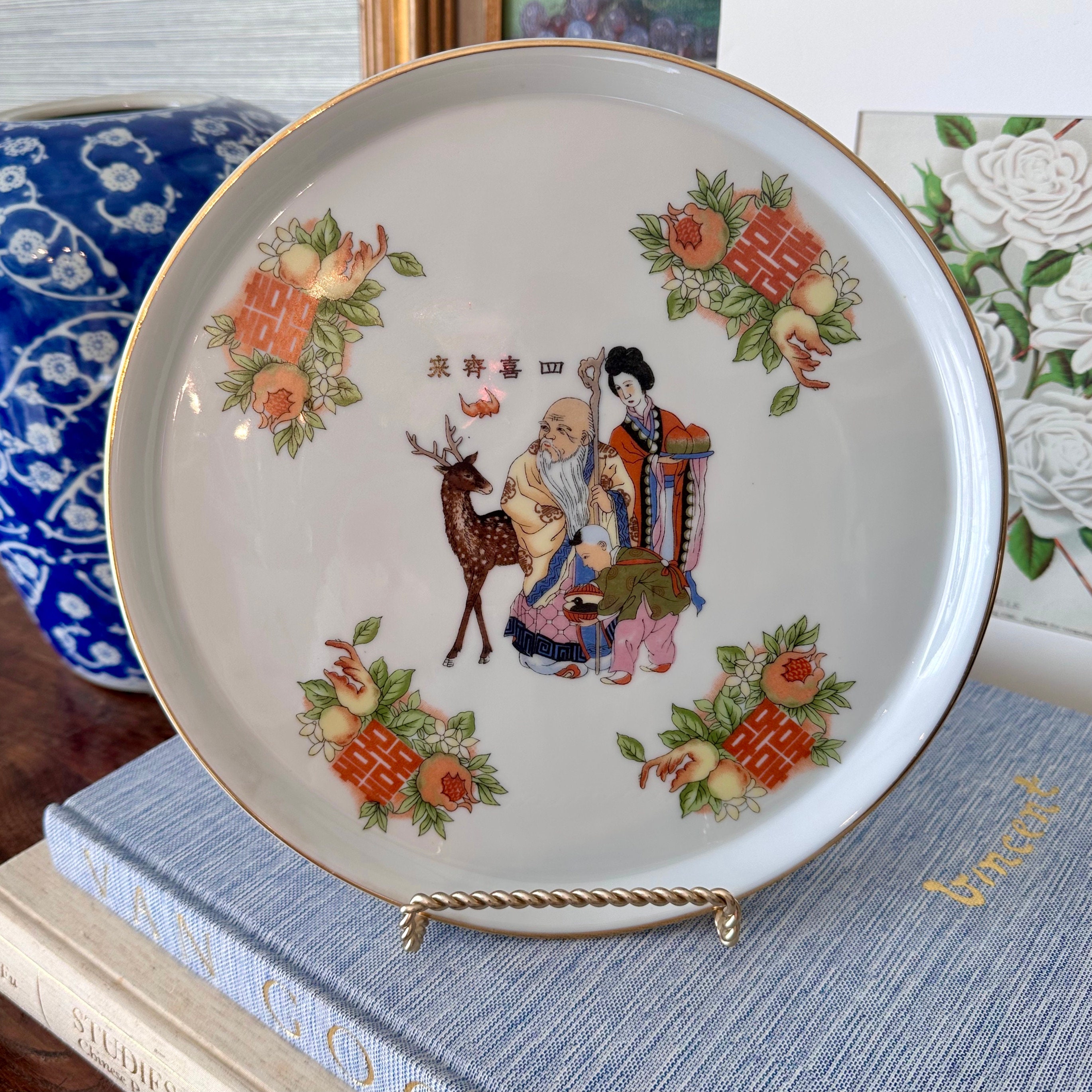 Chinese Porcelain Shou Lao, Geisha and Bat Deer Peach Flower Plate ...