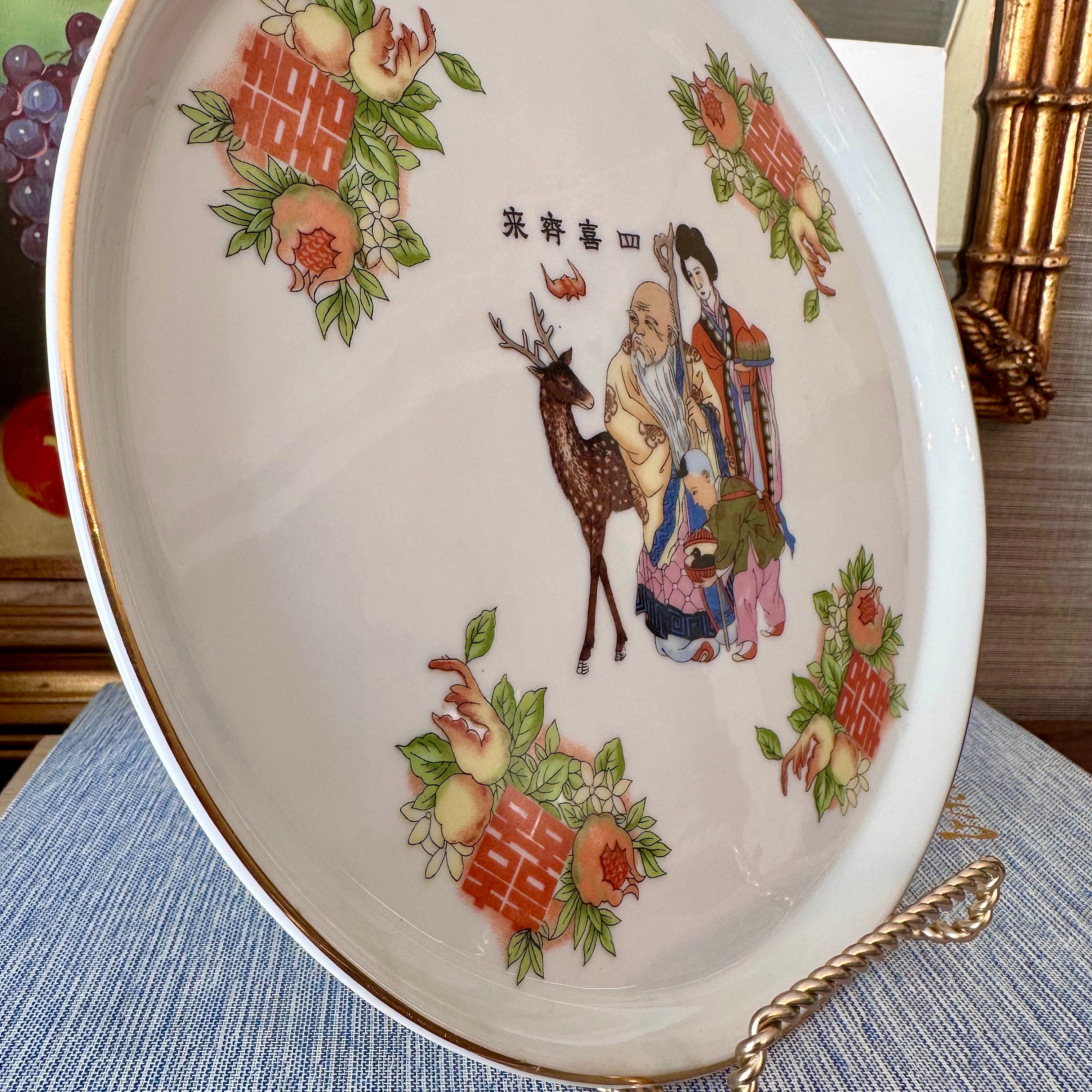Chinese Porcelain Shou Lao, Geisha and Bat Deer Peach Flower Plate ...