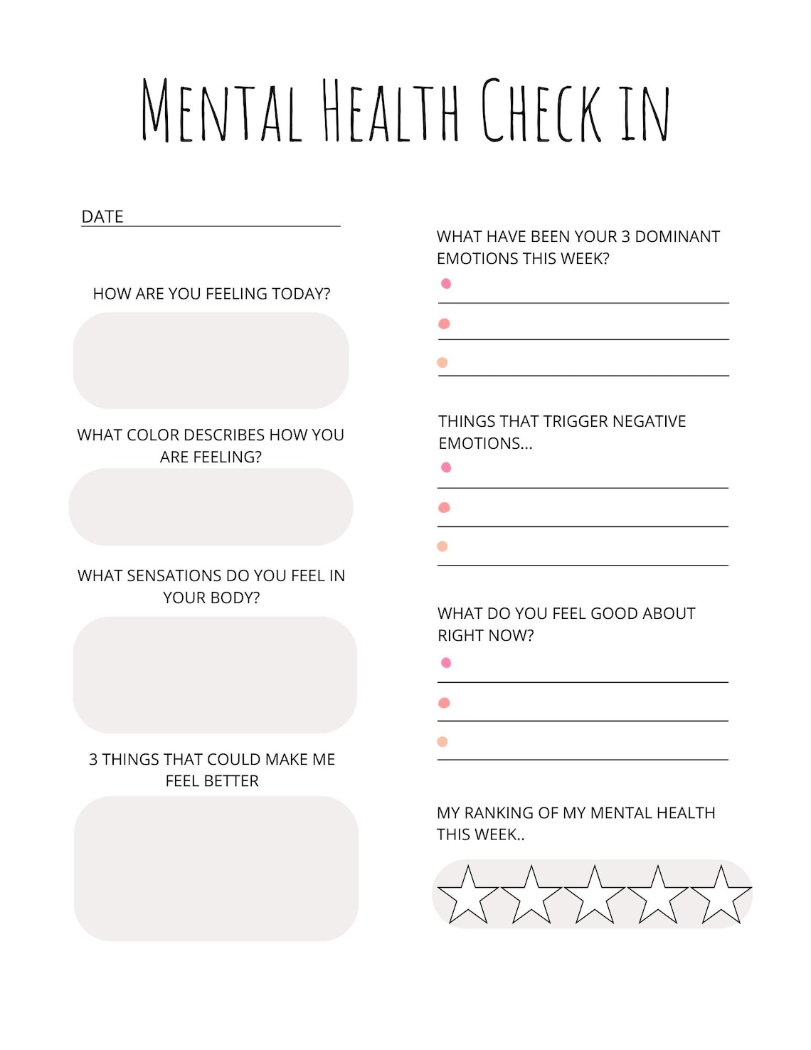 Daily Mental Health Check in - Weekly/midweek | Adults, Children, Teens ...