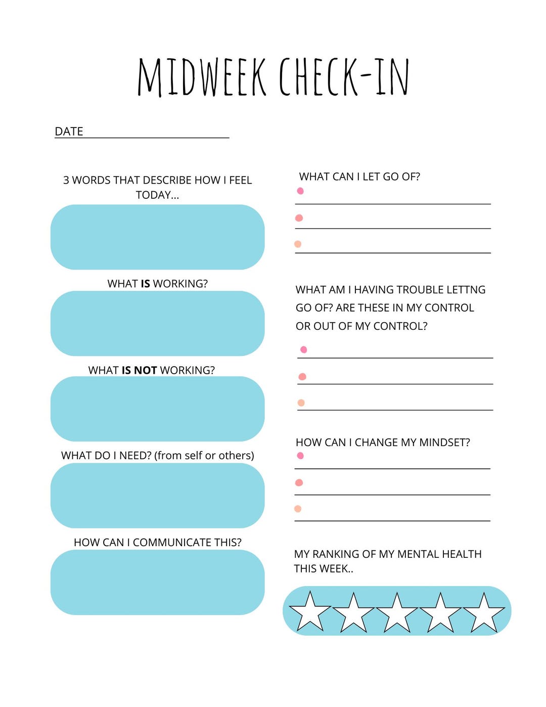 Daily Mental Health Check in - Weekly/midweek | Adults, Children, Teens ...