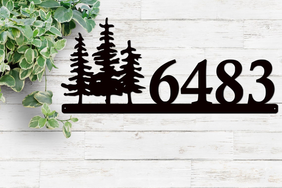 Metal House Numbers With Modern Pine Trees Custom Outdoor - Etsy