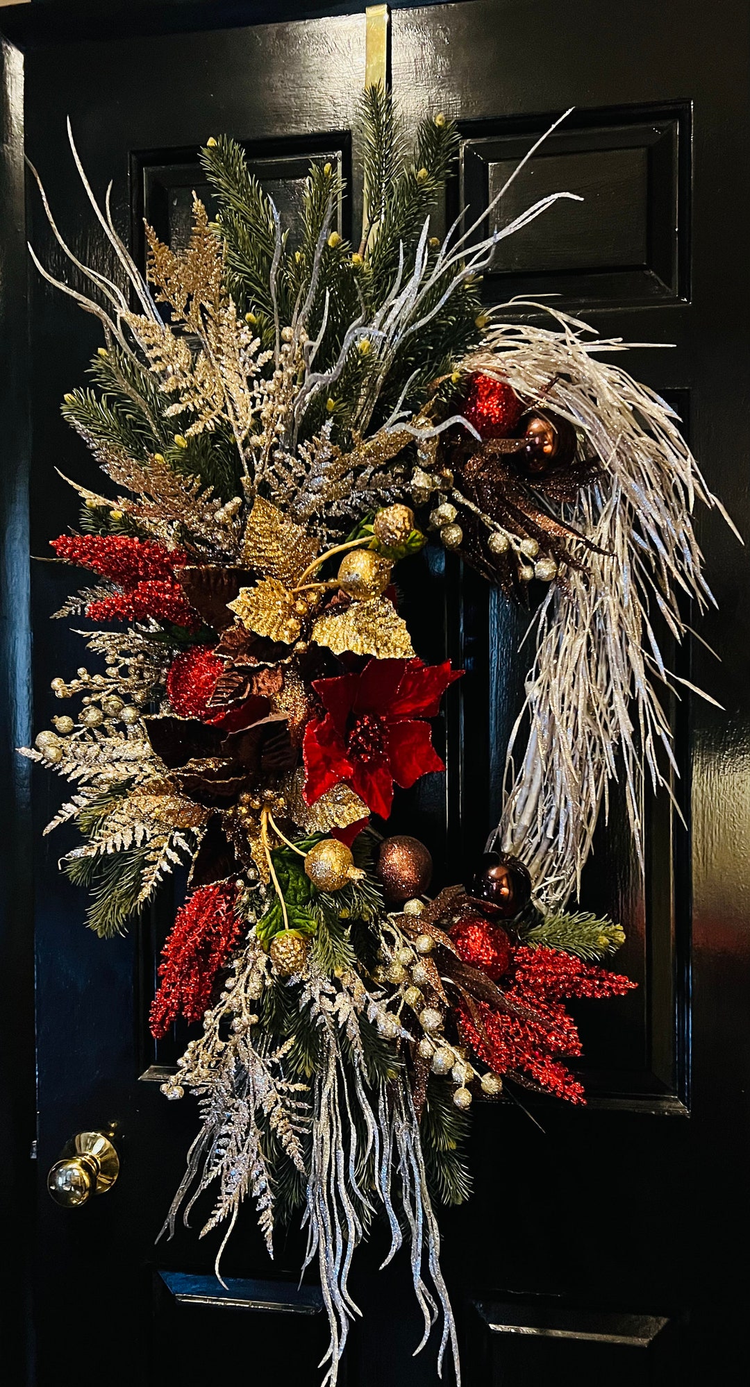 XXL Christmas Cascade Wreath: Red Velvet Poinsettia, Gold & Silver Glam ...