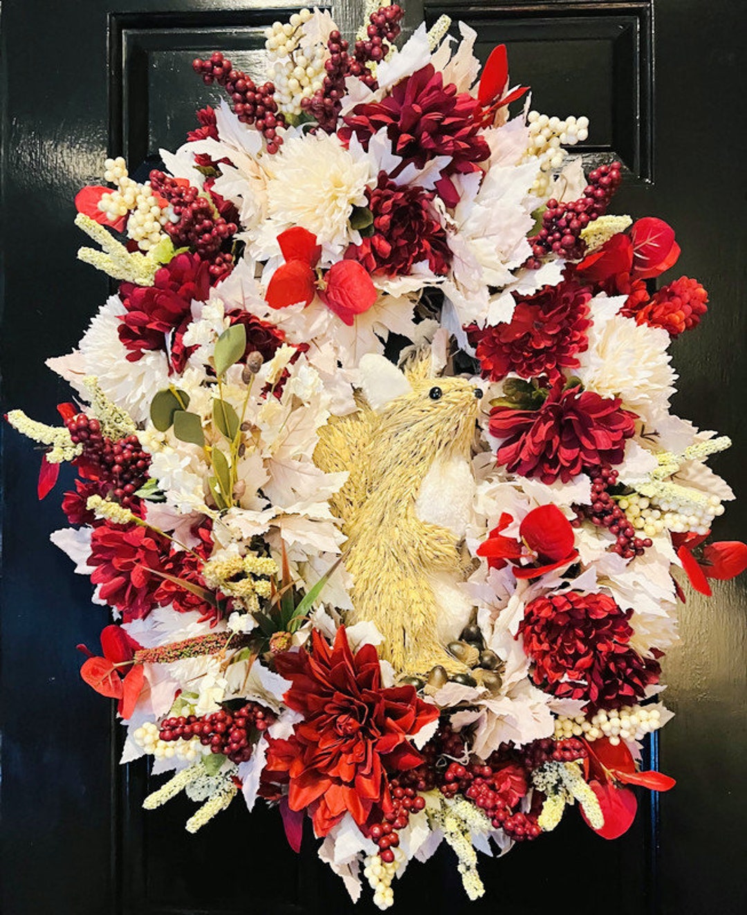 XL Elegant Red and Pink Floral Autumn Wreath, Fall Wreath With Mums ...