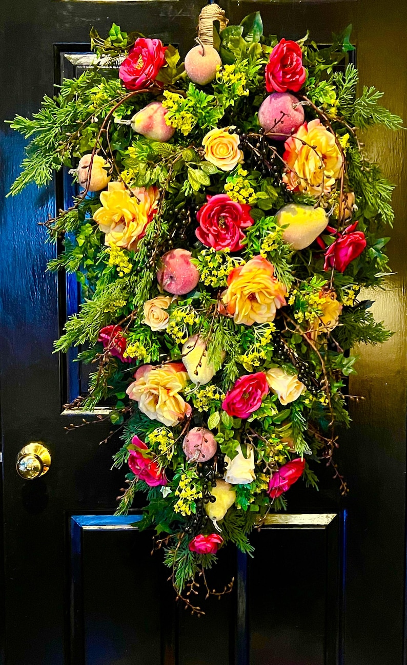 XXL Real Touch Rose & Sugared Fruit Wreath: Pink and Yellow Floral ...