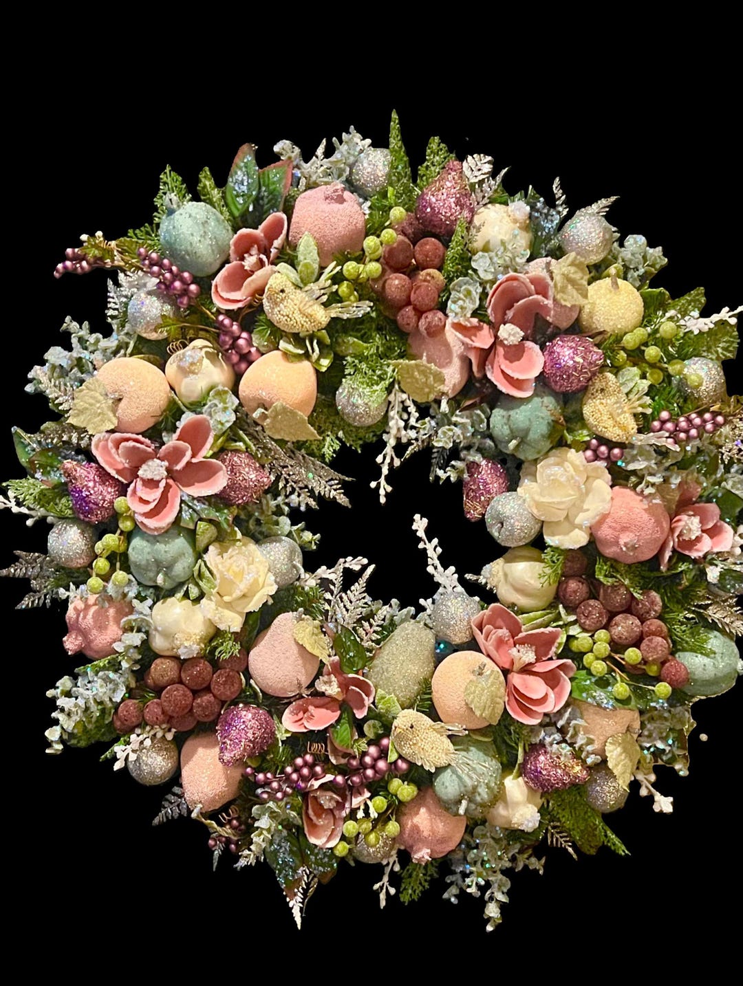Custom Order XXL Sugared Beaded Fruit Wreath: Pink Magnolia, Pearl ...