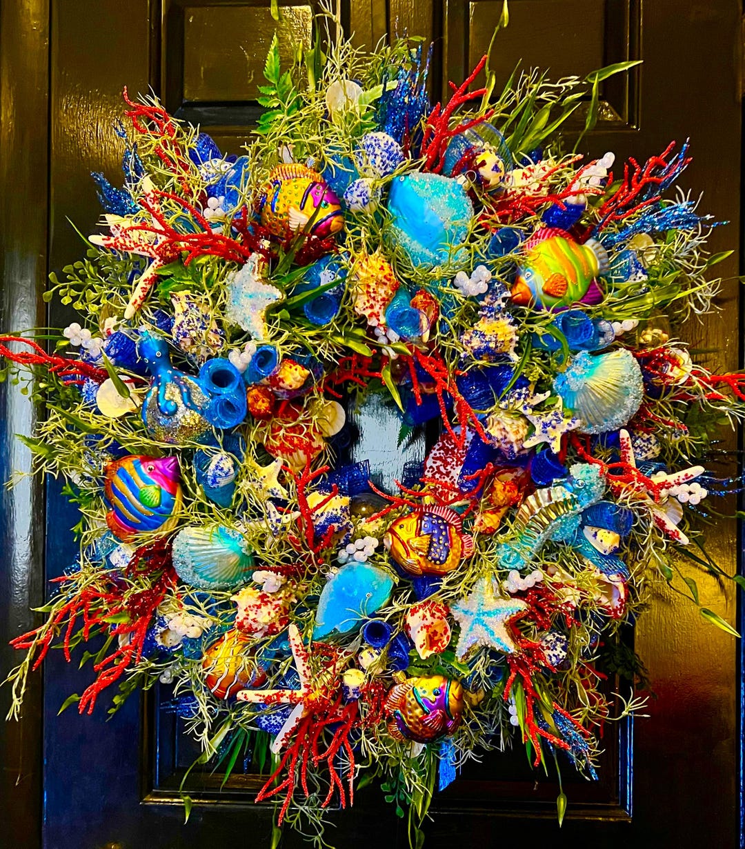 XXL Tropical Handblown Glass Fish Wreath, Coastal Seashell Wreath ...