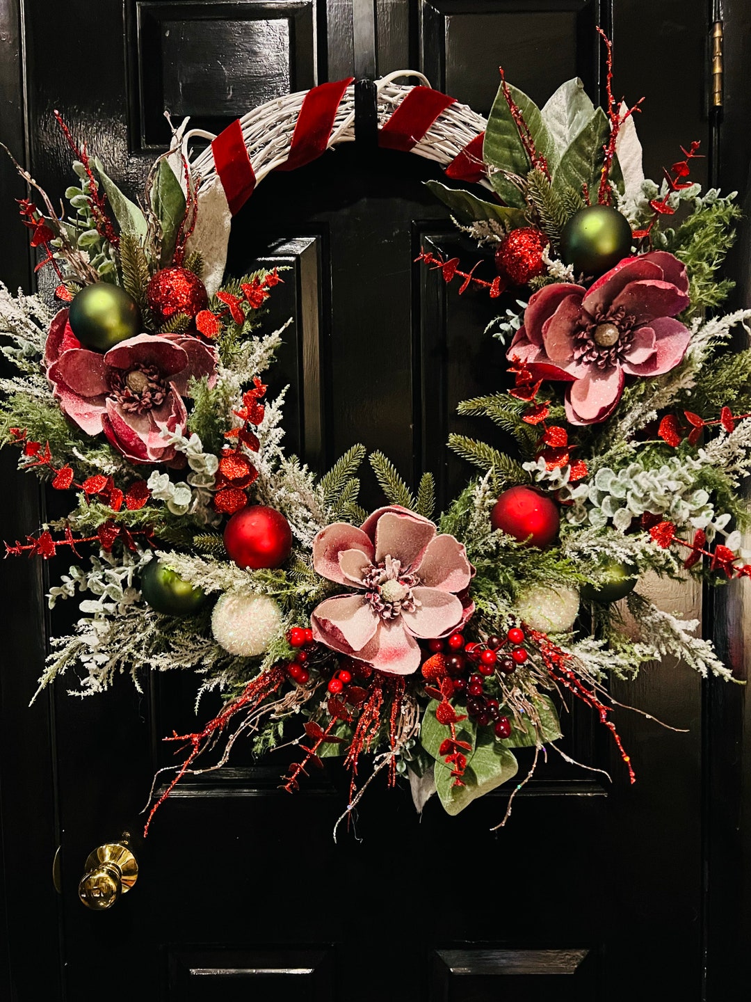 Custom Order Flocked Red Magnolia Christmas Wreath, Red and Green ...