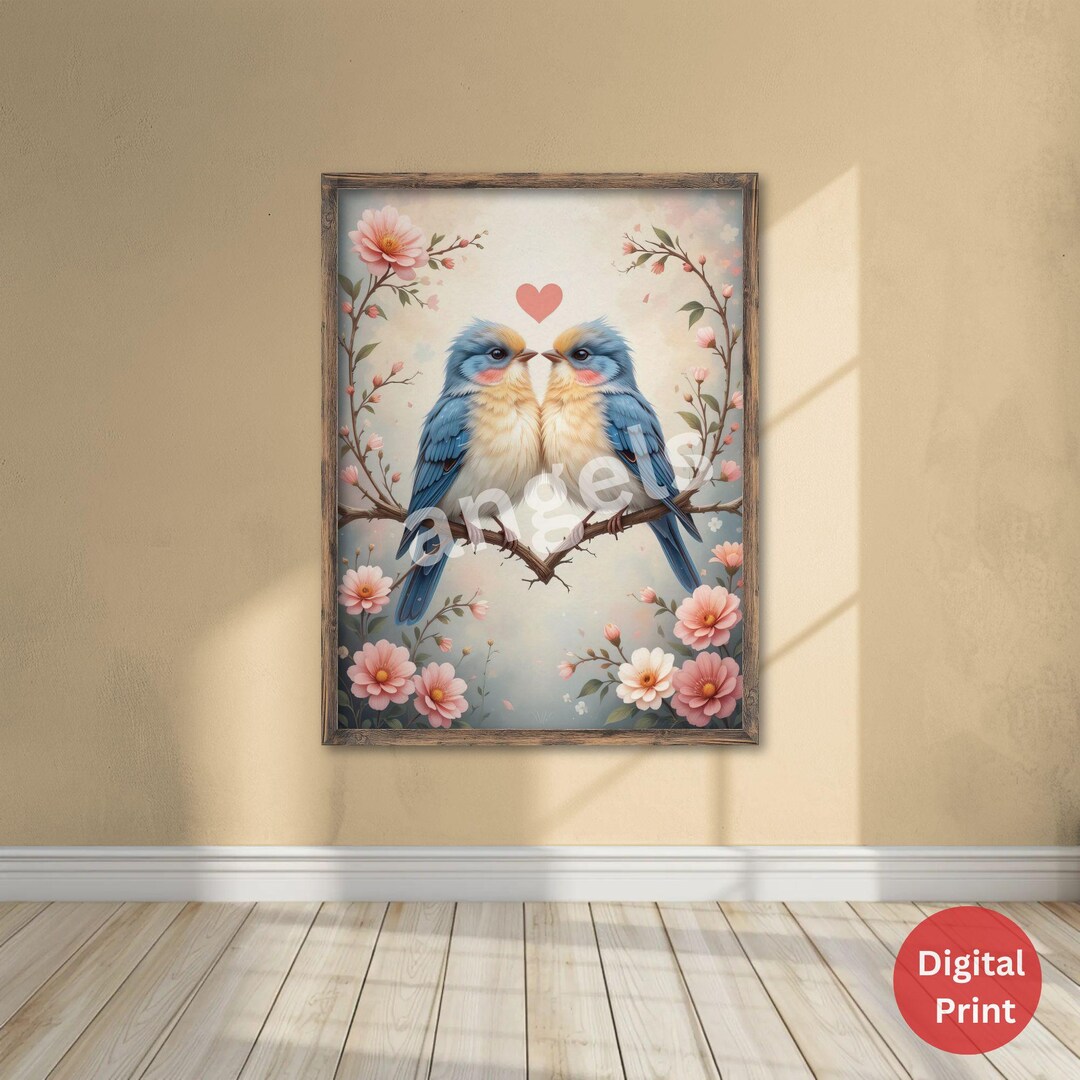 Love Birds Digital Art Print – Romantic Bluebird Couple Illustration ...