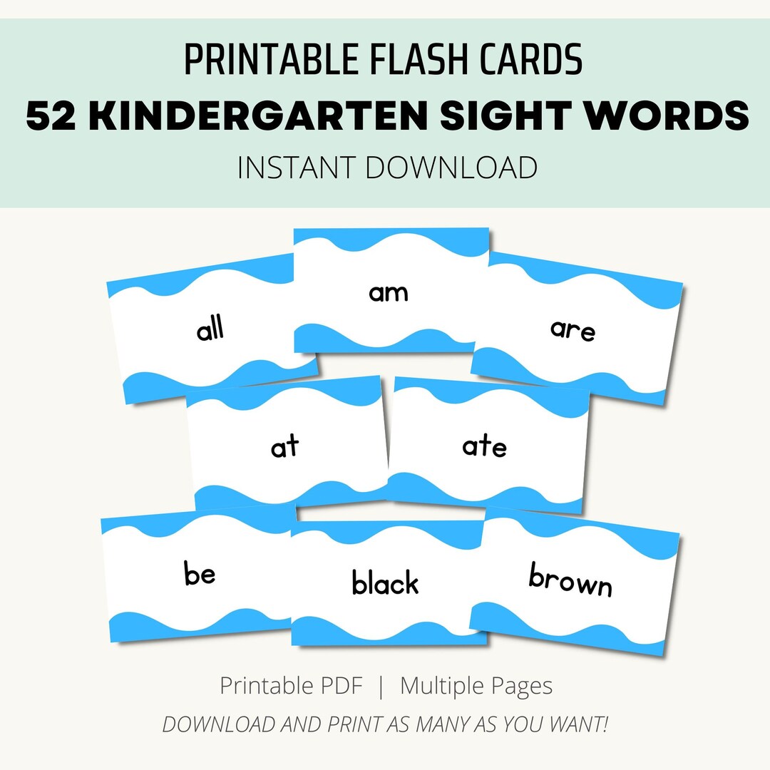52 Kindergarten Sight Words Blue Border - Printable Flashcards - Cute ...