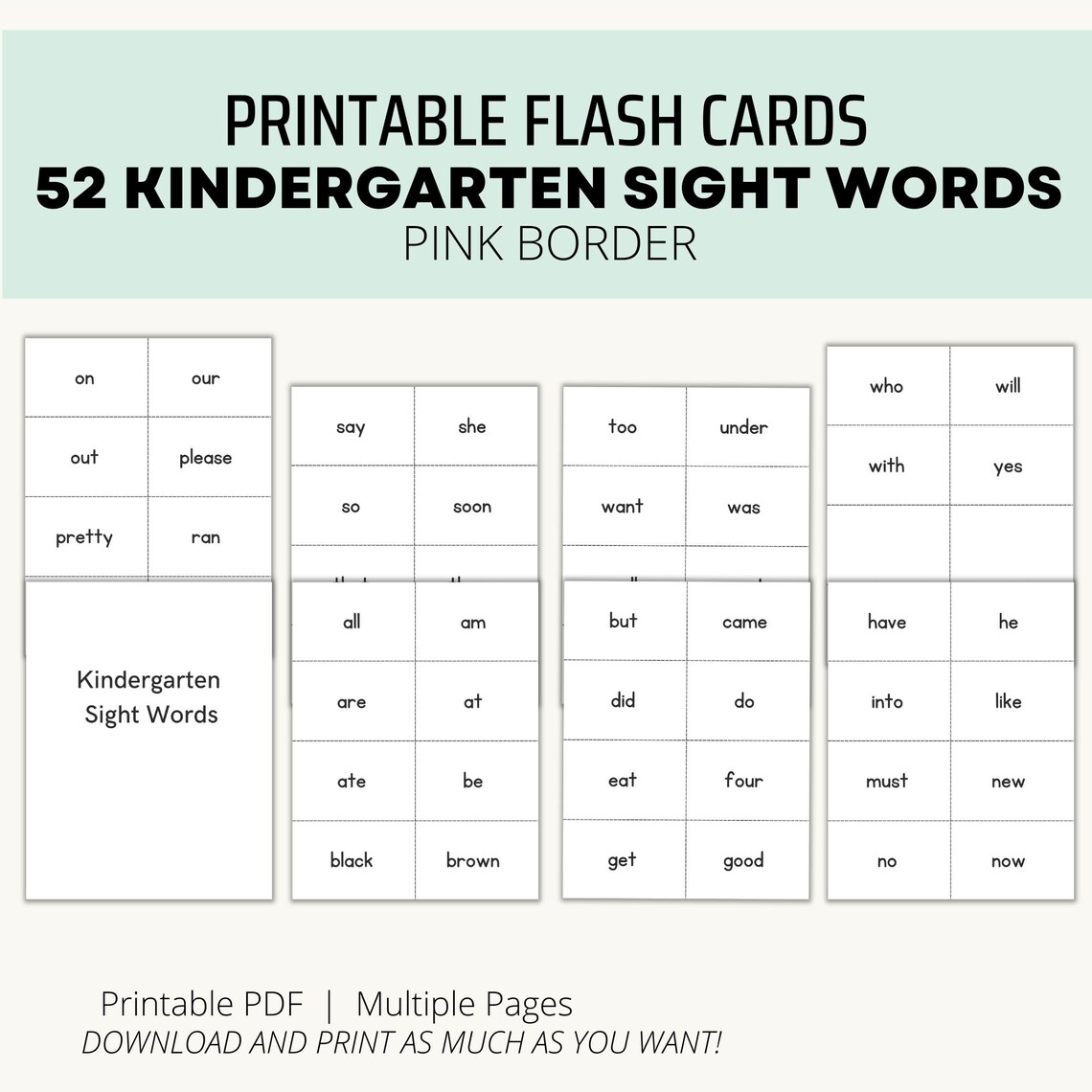 52 Kindergarten Sight Words - Printable Flashcards - Simple, Easy to ...