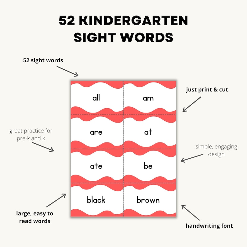 52 Kindergarten Sight Words Red Border - Printable Flashcards - Cute ...