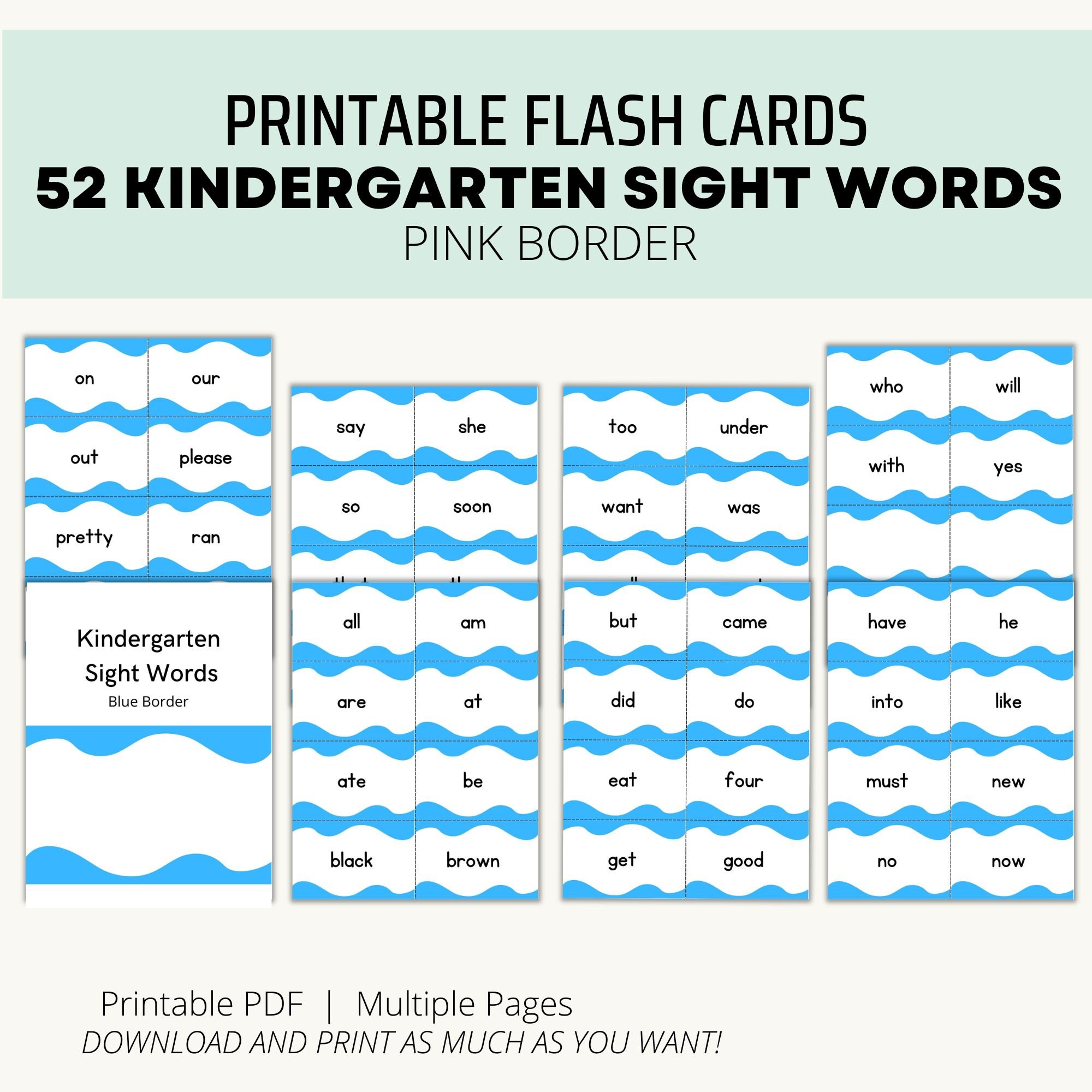 52 Kindergarten Sight Words Blue Border - Printable Flashcards - Cute ...