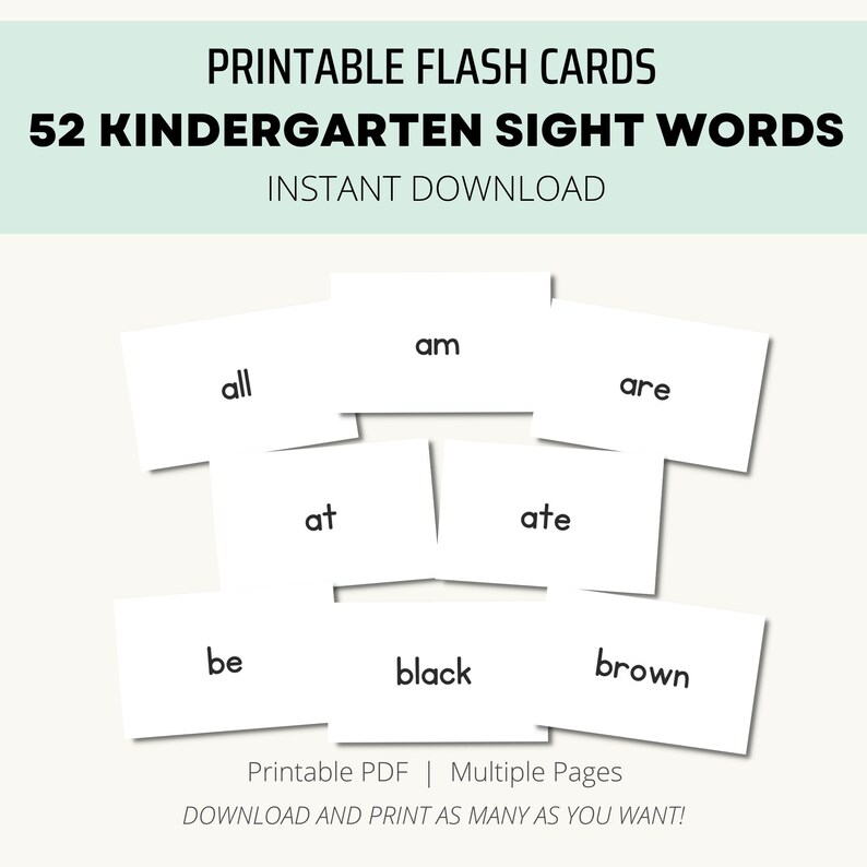 52 Kindergarten Sight Words - Printable Flashcards - Simple, Easy to ...