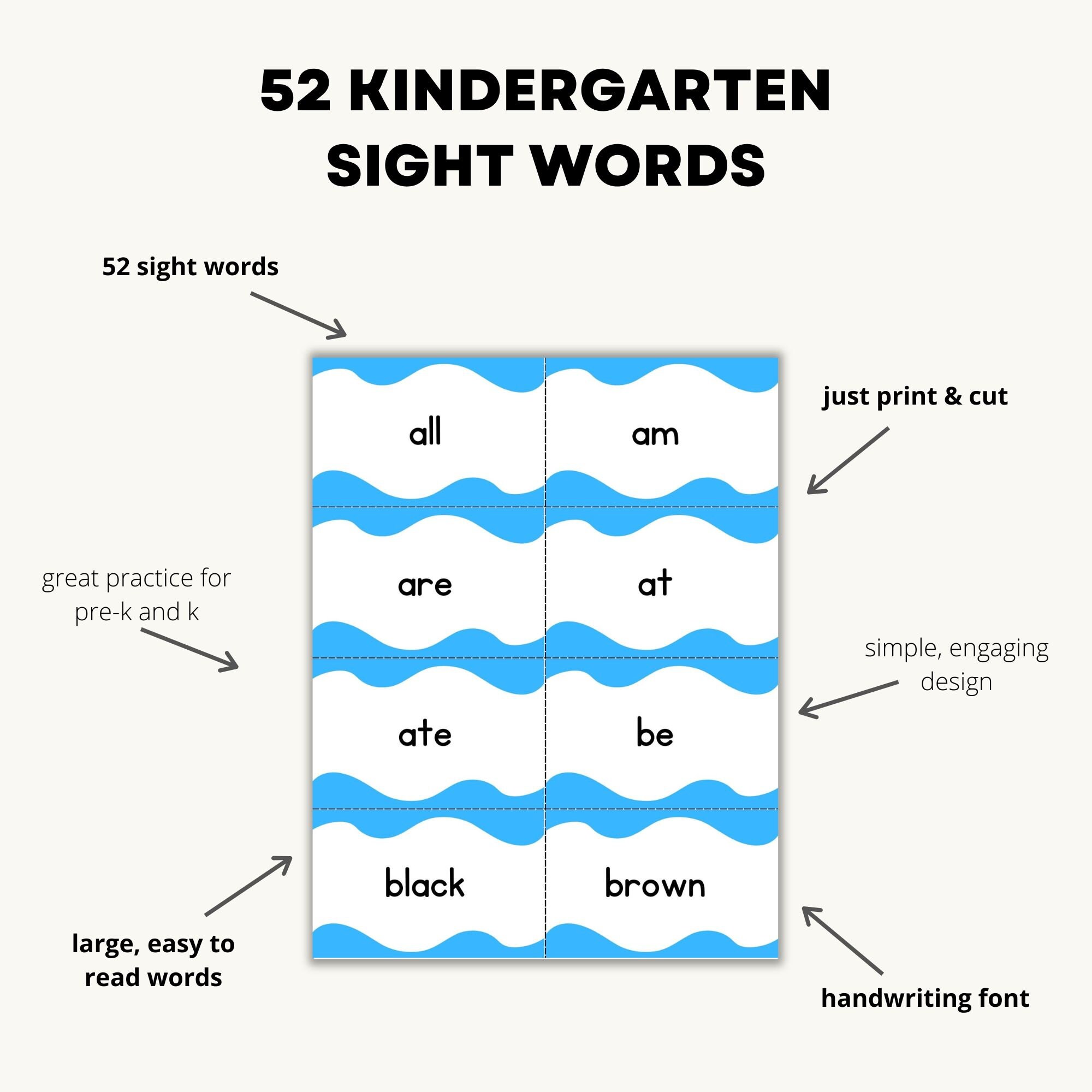 52 Kindergarten Sight Words Blue Border - Printable Flashcards - Cute ...