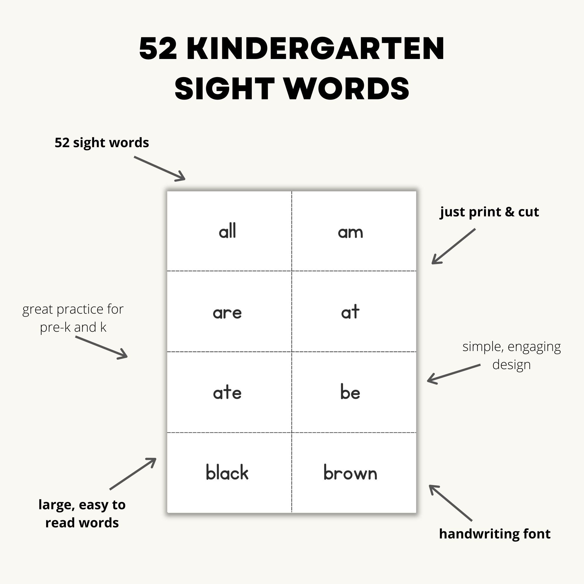 52 Kindergarten Sight Words Printable Flashcards Simple, Easy to Read ...