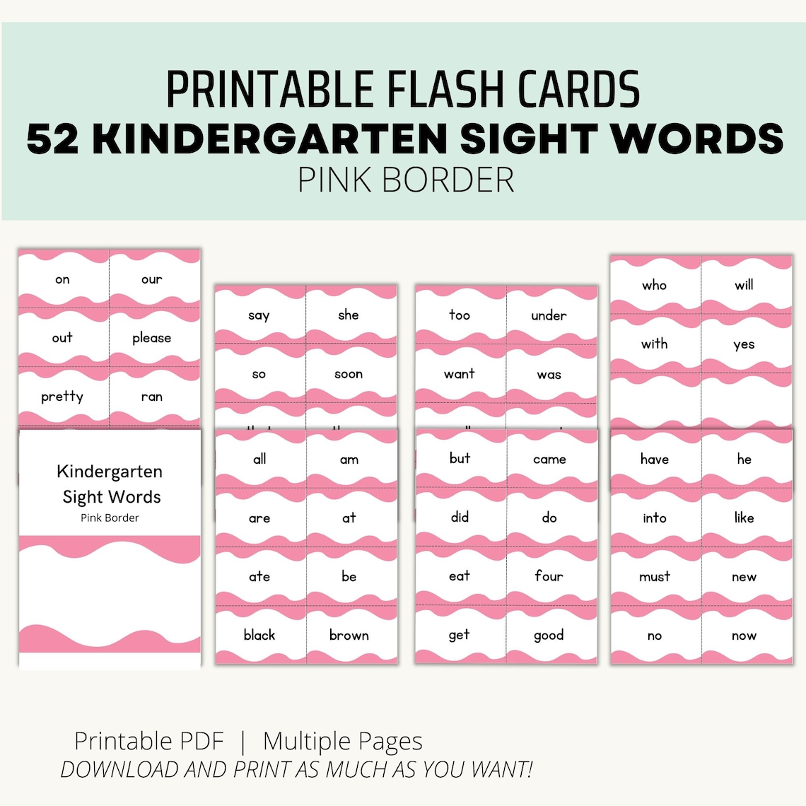 52 Kindergarten Sight Words Pink Border - Printable Flashcards - Cute ...