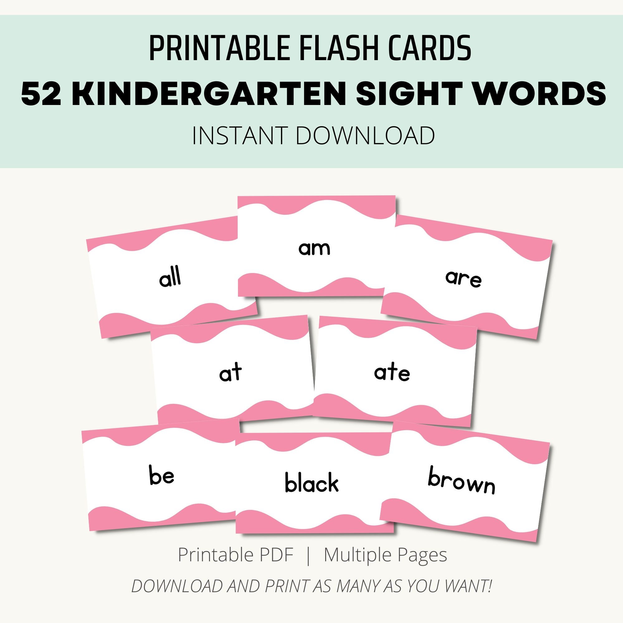 52 Kindergarten Sight Words Pink Border - Printable Flashcards - Cute ...