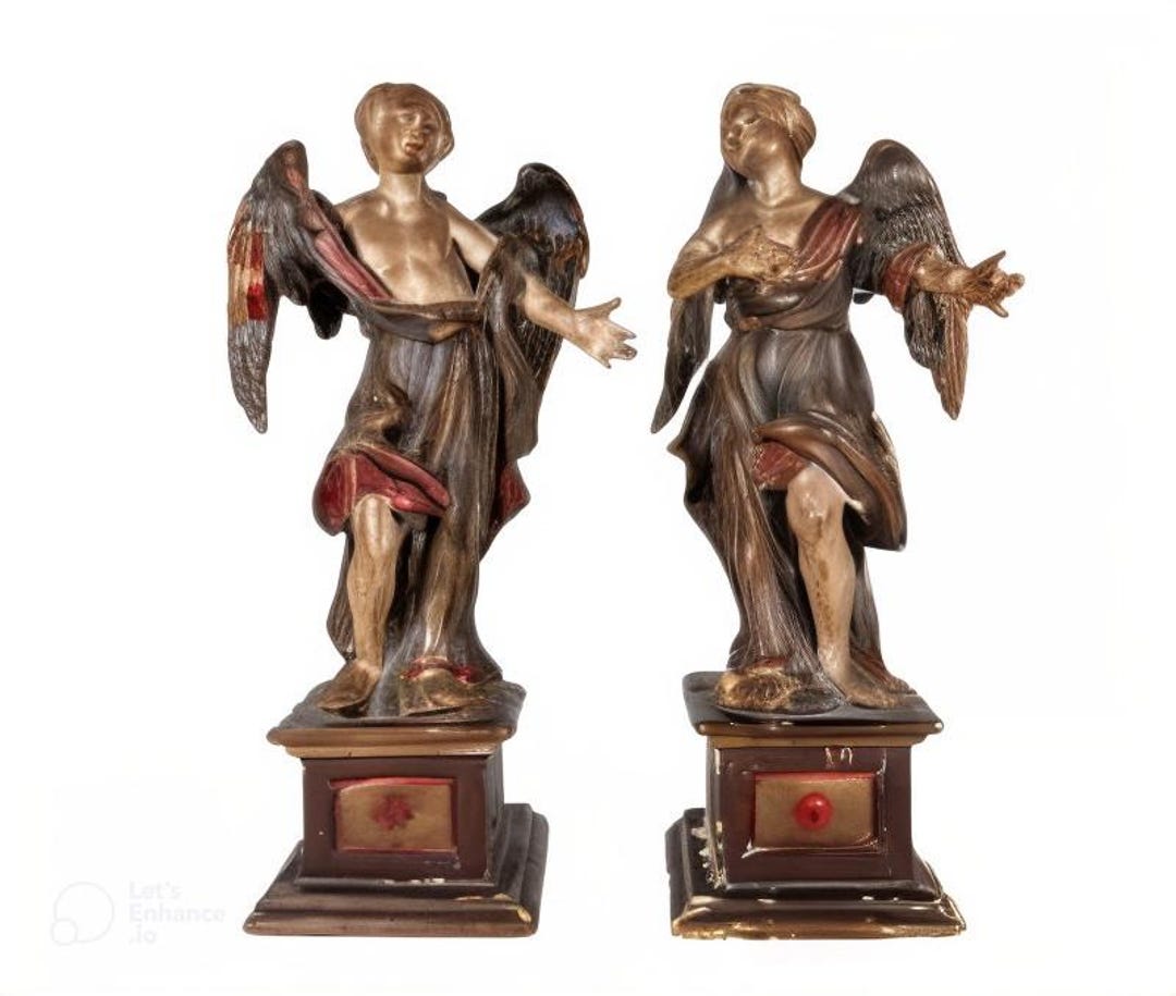 Pair of Baroque Home Altar Angels, Early 18th Century Polychrome Wooden ...