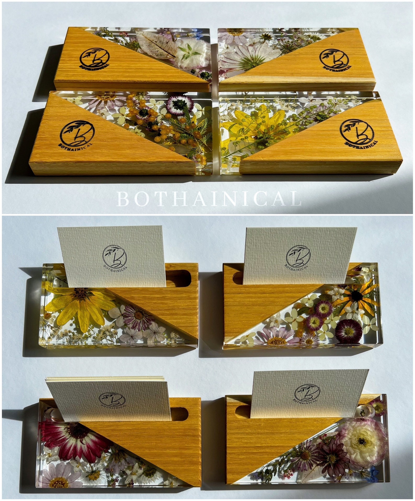 Business Cards Holder Made With Wood, Resin and Dried Flowers ...