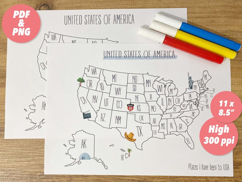 USA Map Printable Places I've Been Map Coloring Page, United States ...