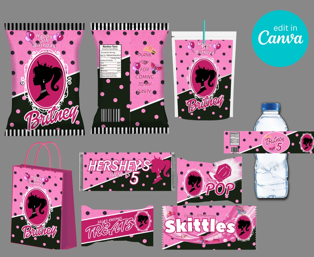 Doll Party Pack Printable, Favor Bag,chip Bag, Water Bottle Label ...