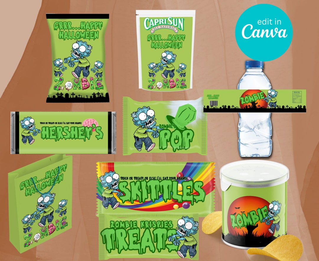 9 Zombie Party Bundle Gift Bags, Chip Bags, Capri Sun, Rice Krispie ...
