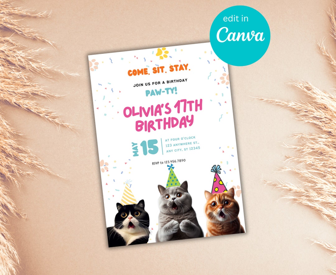 Editable Cat Invitation, Birthday Invitation, Digital, Printable ...