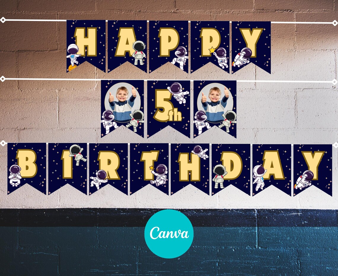 Astronaut Birthday Banner Flags: Outer Space Party Decor (canva ...