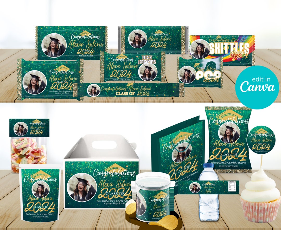 Editable Green Emerald Graduation Party Favor Bundle Canva Template ...