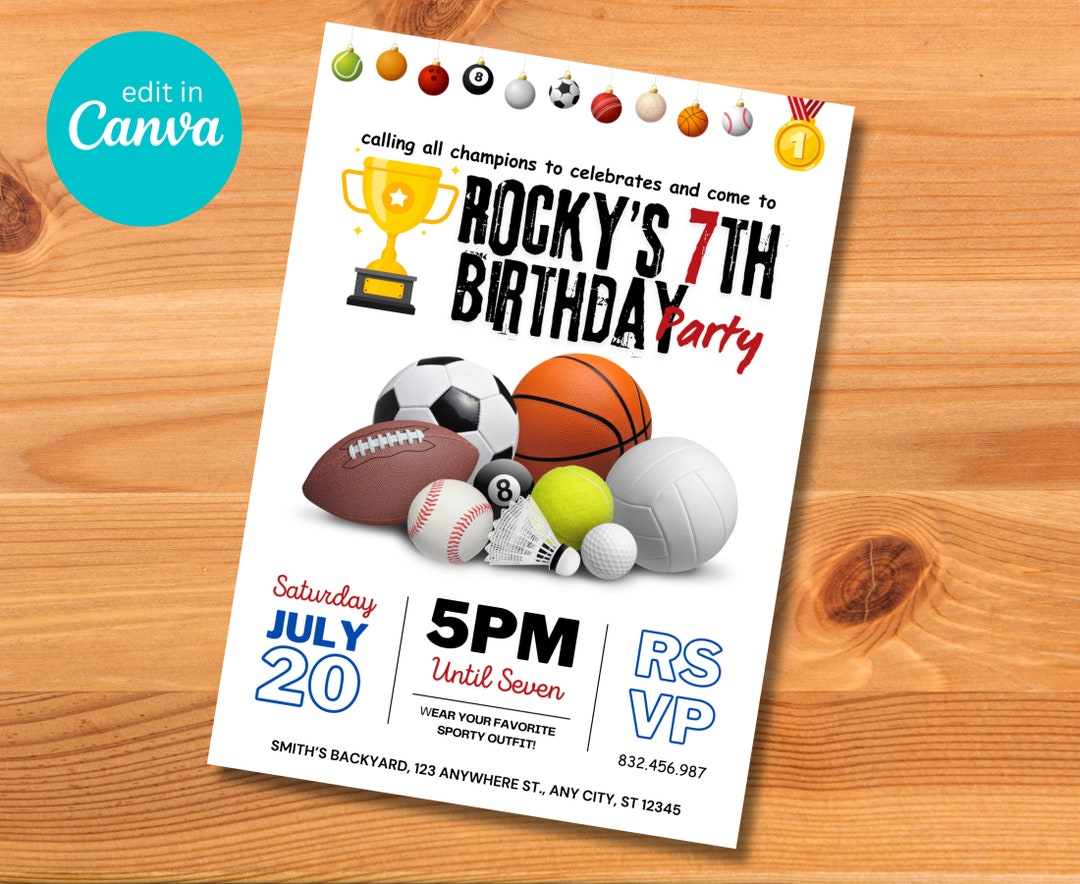 Sports Party Invitation,birthday Invitation, Editable With Canva ...
