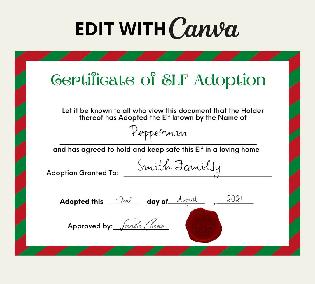 Editable Certificate of Elf Adoption, Elf Adoption Certificate ...
