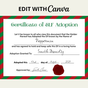 Editable Elf Adoption Certificate: Christmas Printable (digital ...