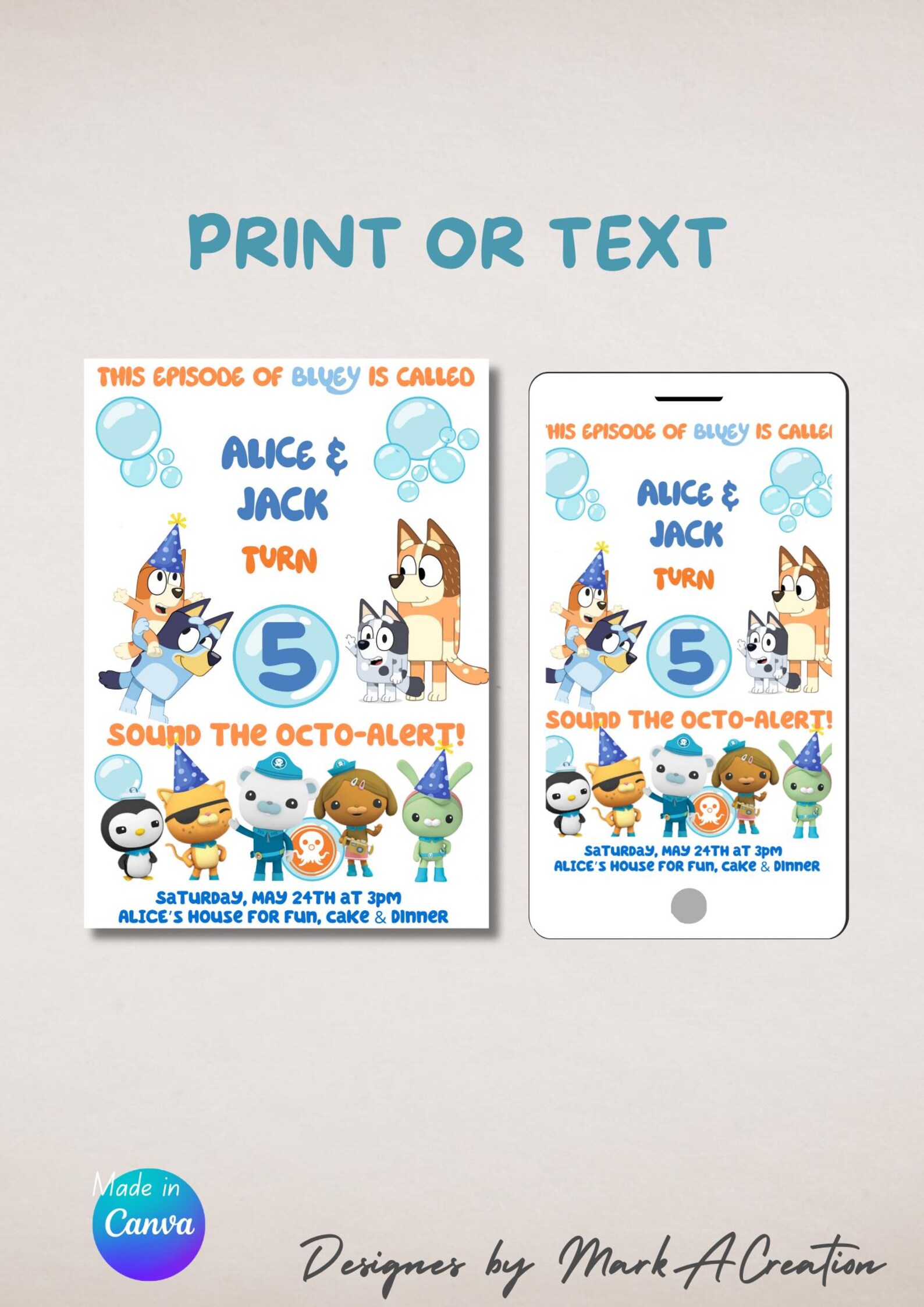 Bluey and Octonauts Birthday Invitations - Combined Editable Digital ...