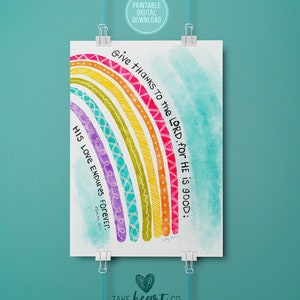 Rainbow Bible Verse Watercolor Print, Psalms 107:1, Bible Verse ...