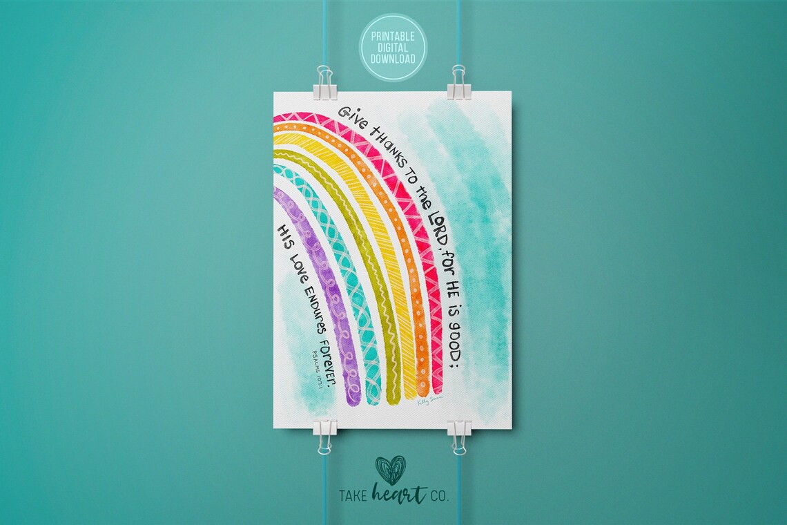 Rainbow Bible Verse Watercolor Print, Psalms 107:1, Bible Verse ...