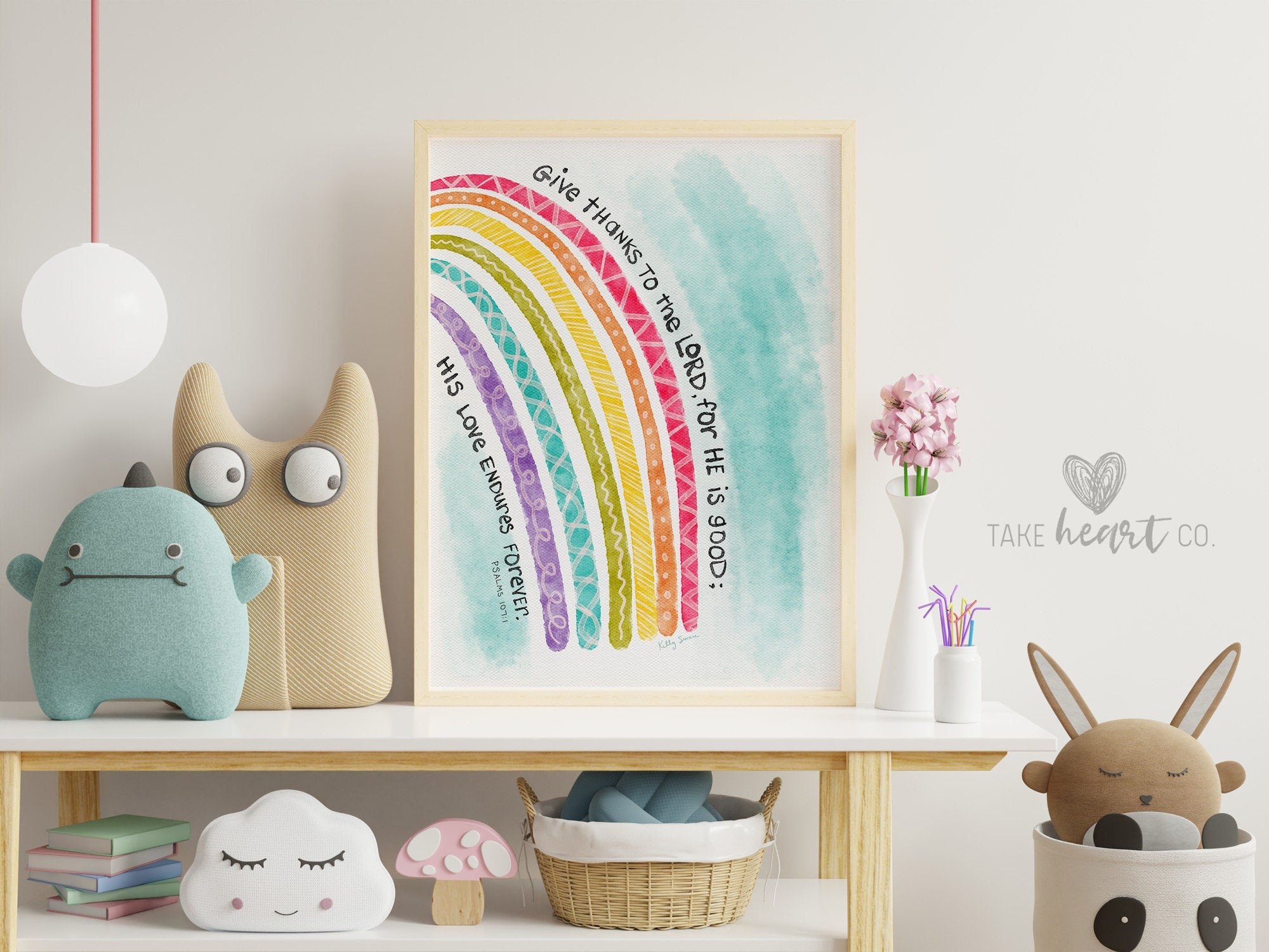 Rainbow Bible Verse Watercolor Print, Psalms 107:1, Bible Verse ...