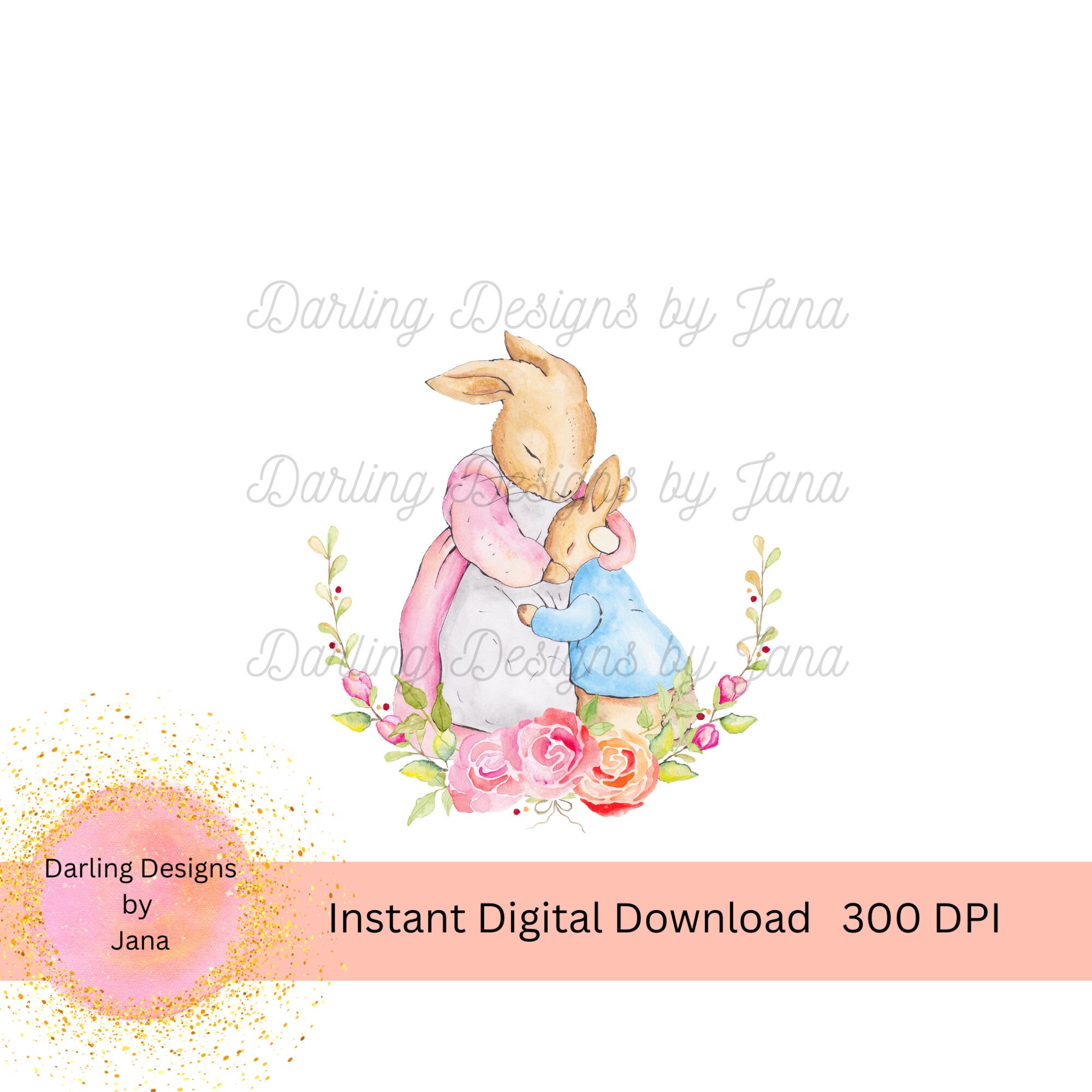 Peter Rabbit and Mom Rabbit Hugging With Floral Bouquet PNG, Mother's ...