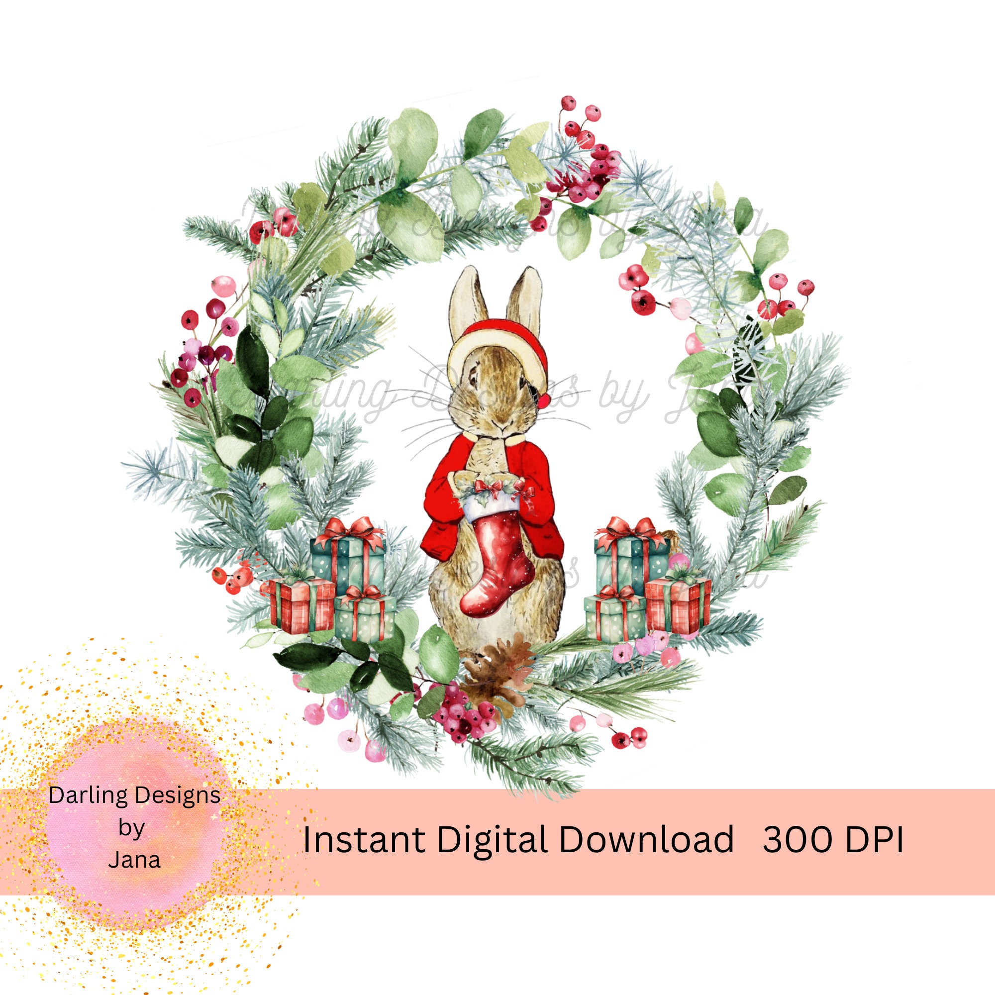 Peter Rabbit in Christmas Wreath PNG, Christmas Printable, Instant ...