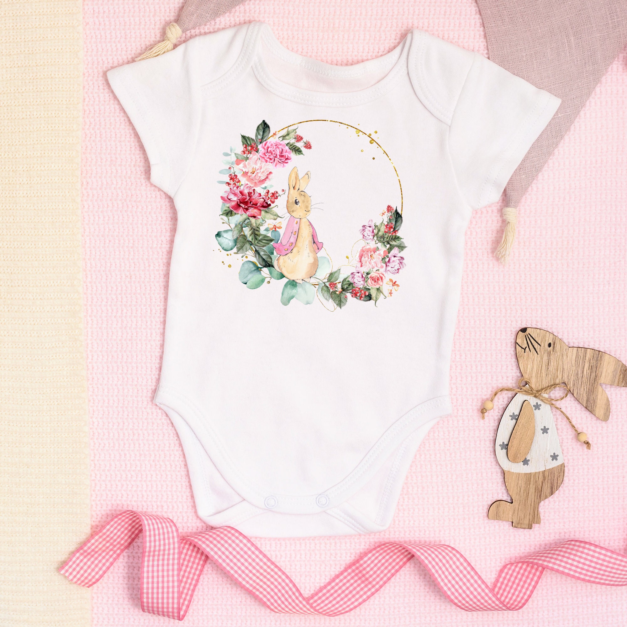 Flopsy Rabbit in Red, Pink Floral, Gold Wreath PNG, Printable, Instant ...