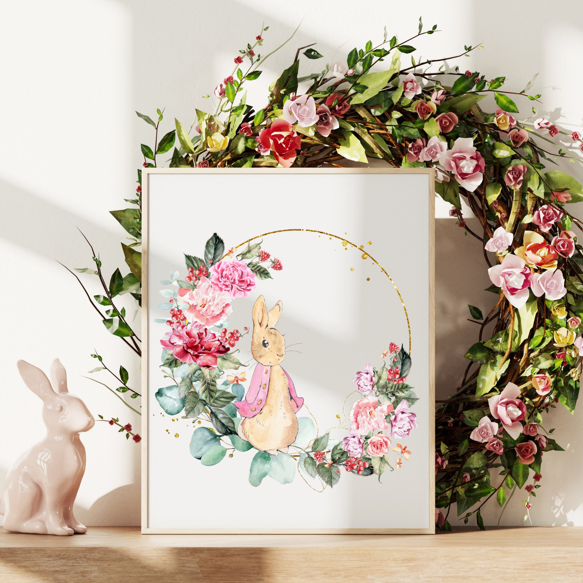 Flopsy Rabbit in Red, Pink Floral, Gold Wreath PNG, Printable, Instant ...