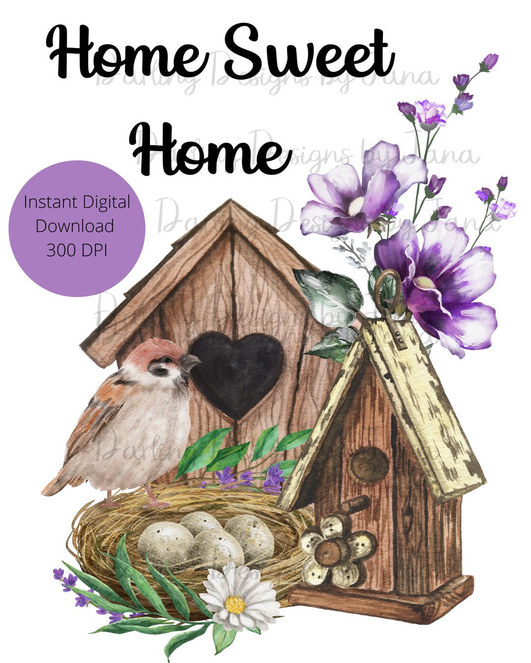 Home Sweet Home Bird With Birdhouse and Purple Flowers PNG - Etsy