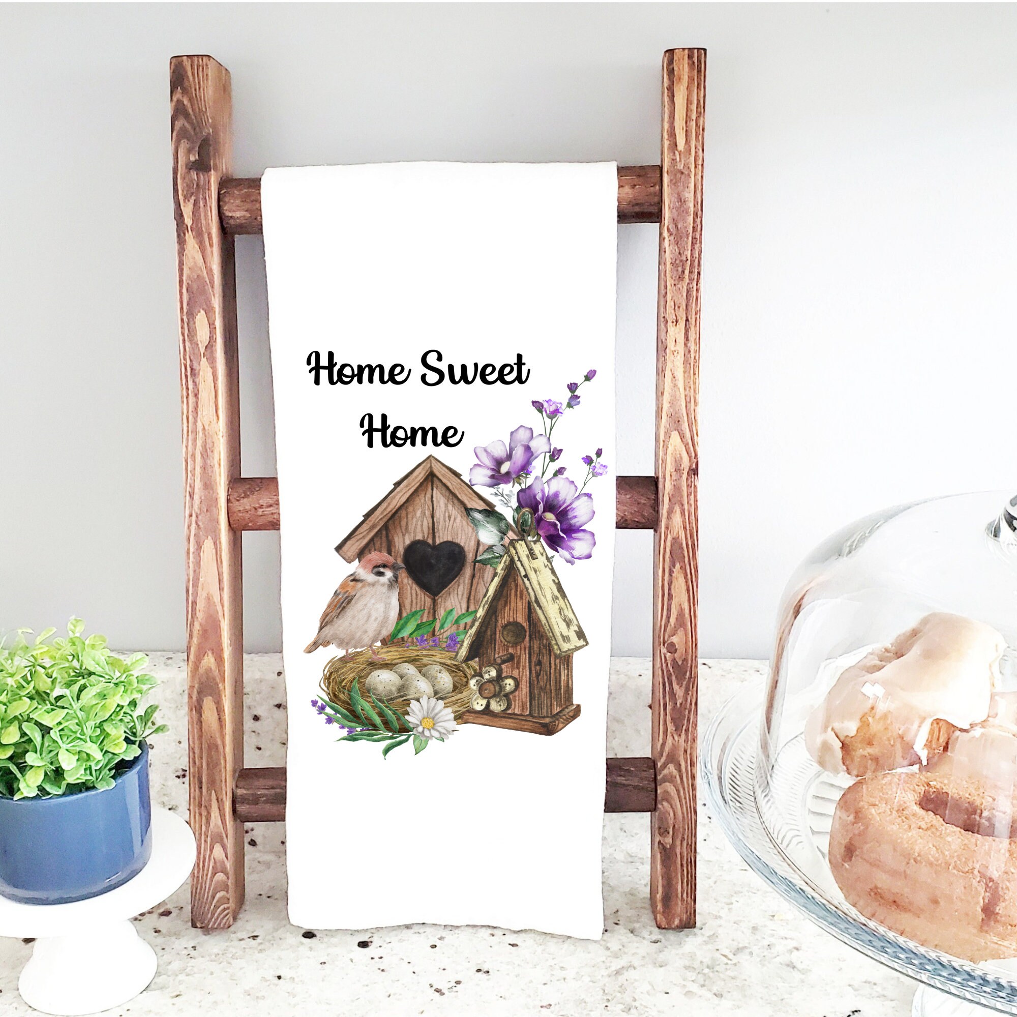 Home Sweet Home, Bird With Birdhouse and Purple Flowers PNG and JPG ...